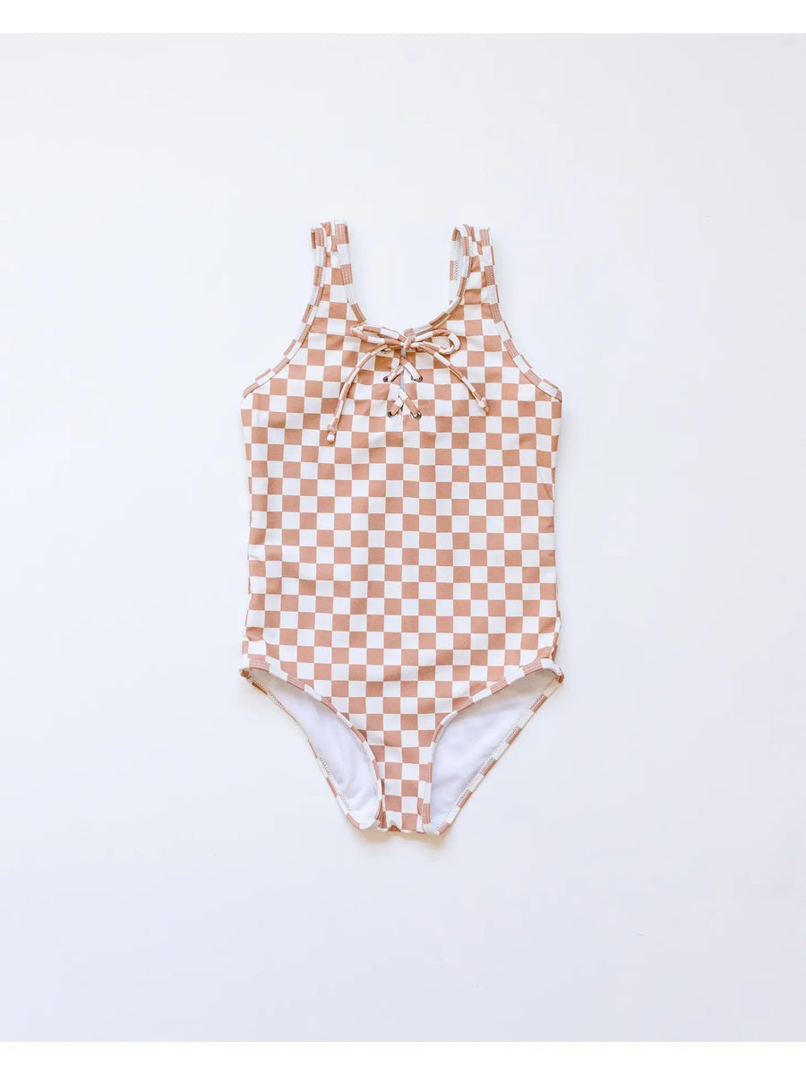 TAN CHECKER TIE SWIMSUIT – Small Fry Kauai